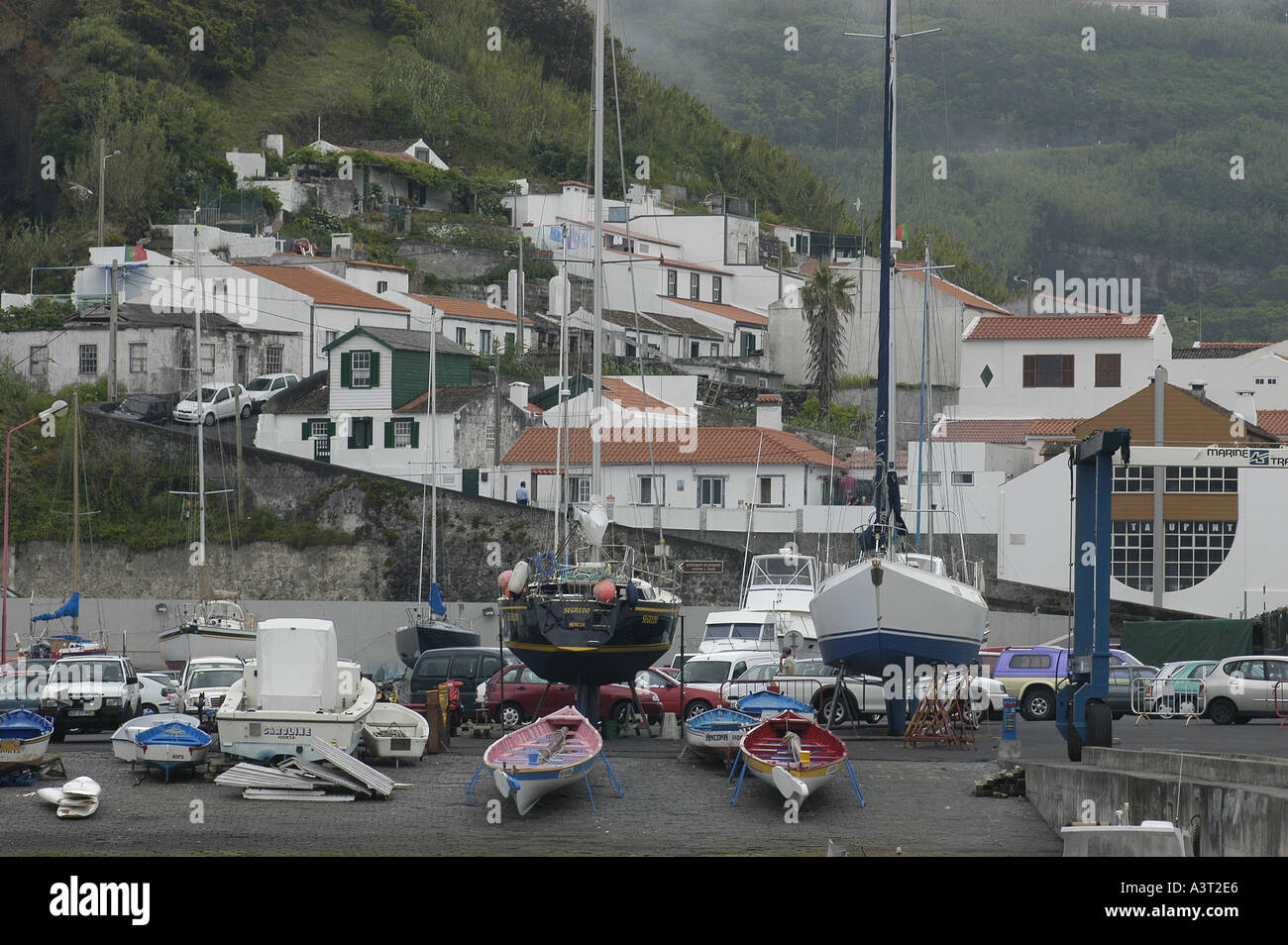 View of Horta village town harbour and marina Faial Island Azores ...