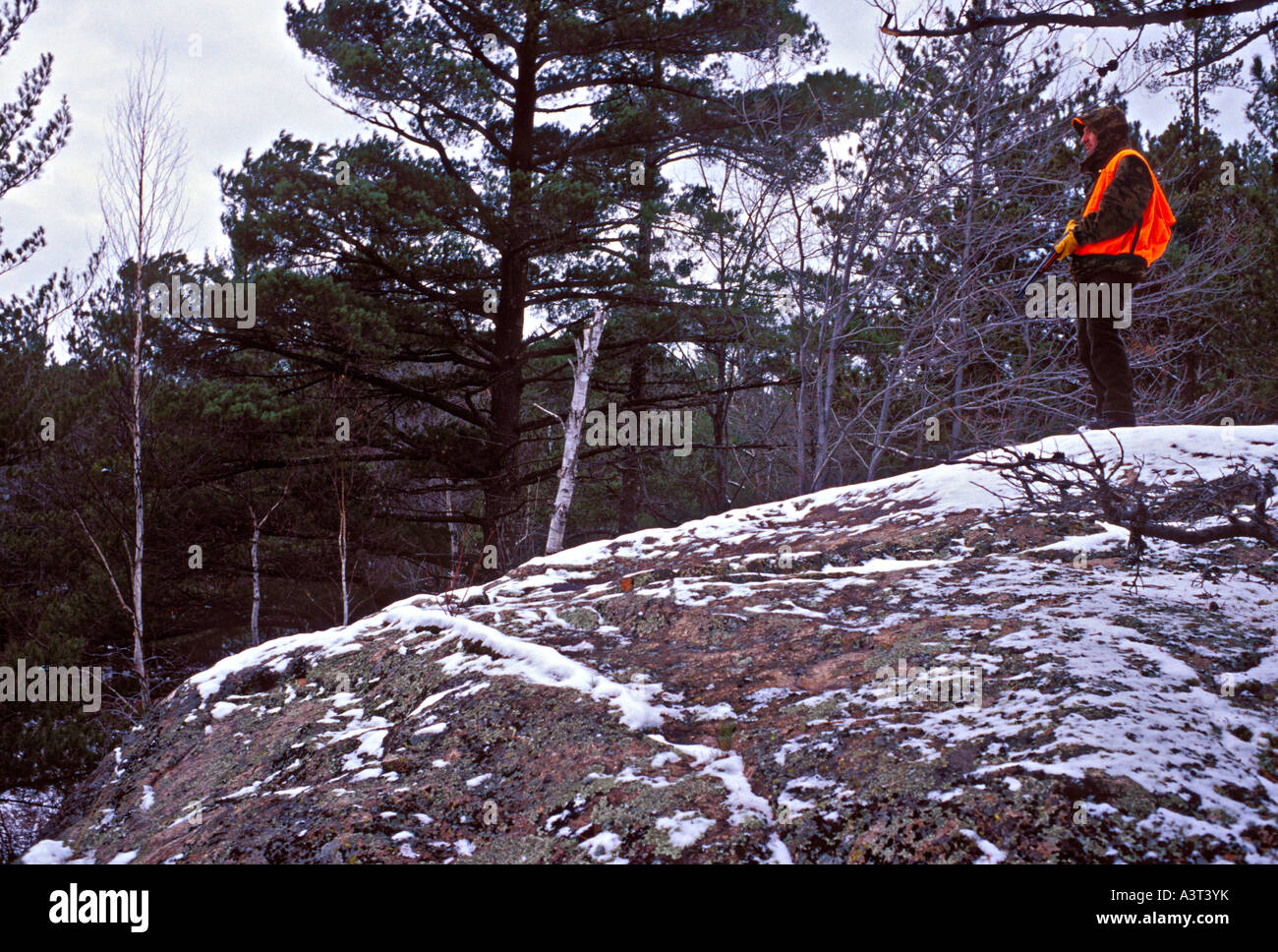 A whitetail deer hunter scouts from a rock outcrop near Marquette ...