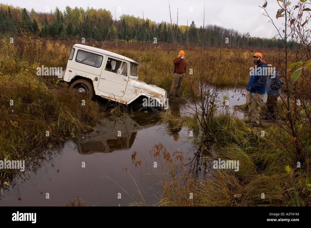 A Toyota Land Cruiser stuck in the mud of a beaver pond during a ...