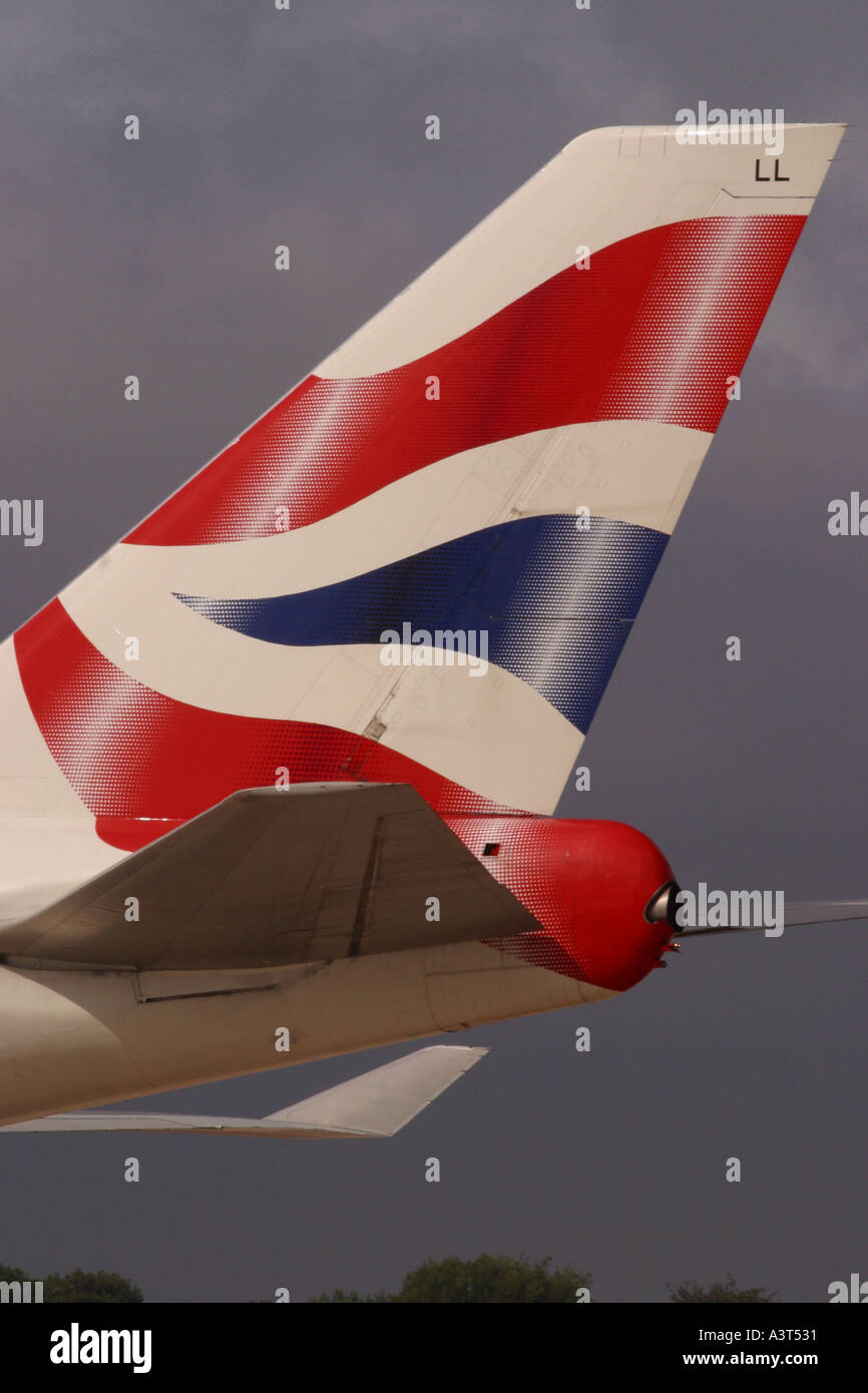 The tail of a British Airways Boeing 747 jumbo jet airliner showing the ...