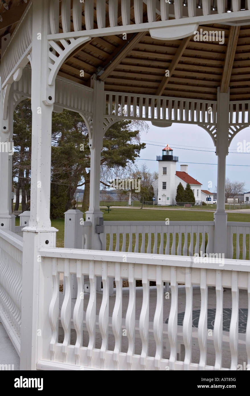 The Sand Point Lighthouse in Escanaba Michigan is seen through an ...