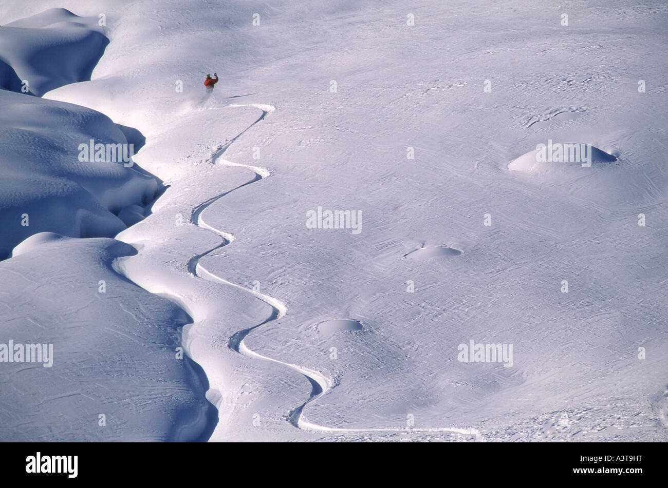 Snowboarder in deep powder snow, France, Alps Stock Photo - Alamy