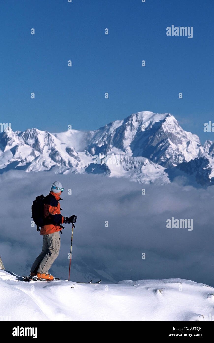skier in front of the Mont Blanc, France, Alps Stock Photo - Alamy