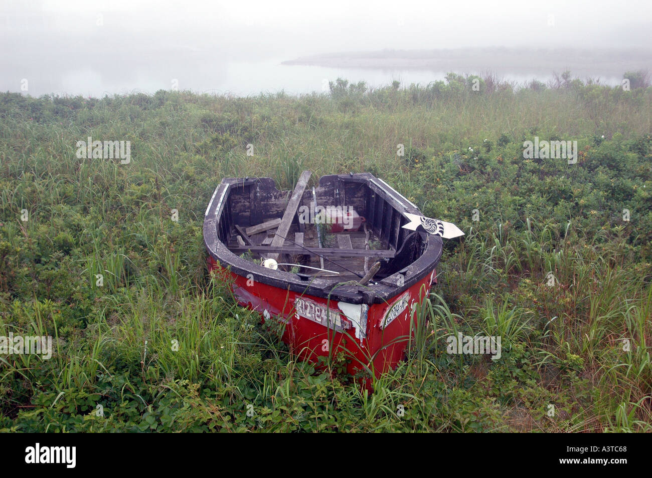 Old row boat on misty shore Stock Photo - Alamy