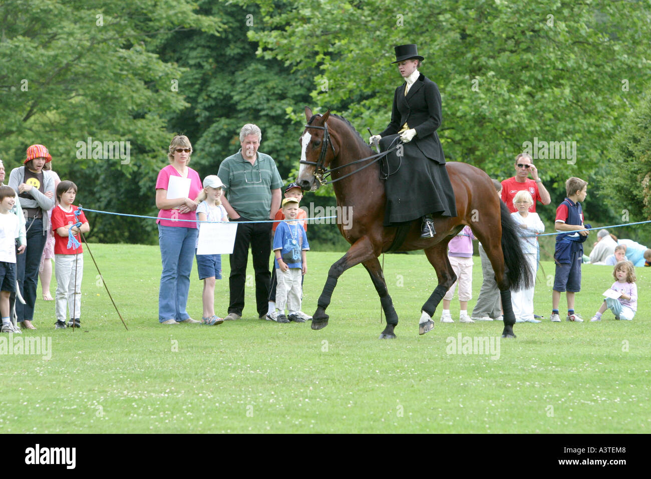 Dressage display by female rider wearing black dress and riding side ...