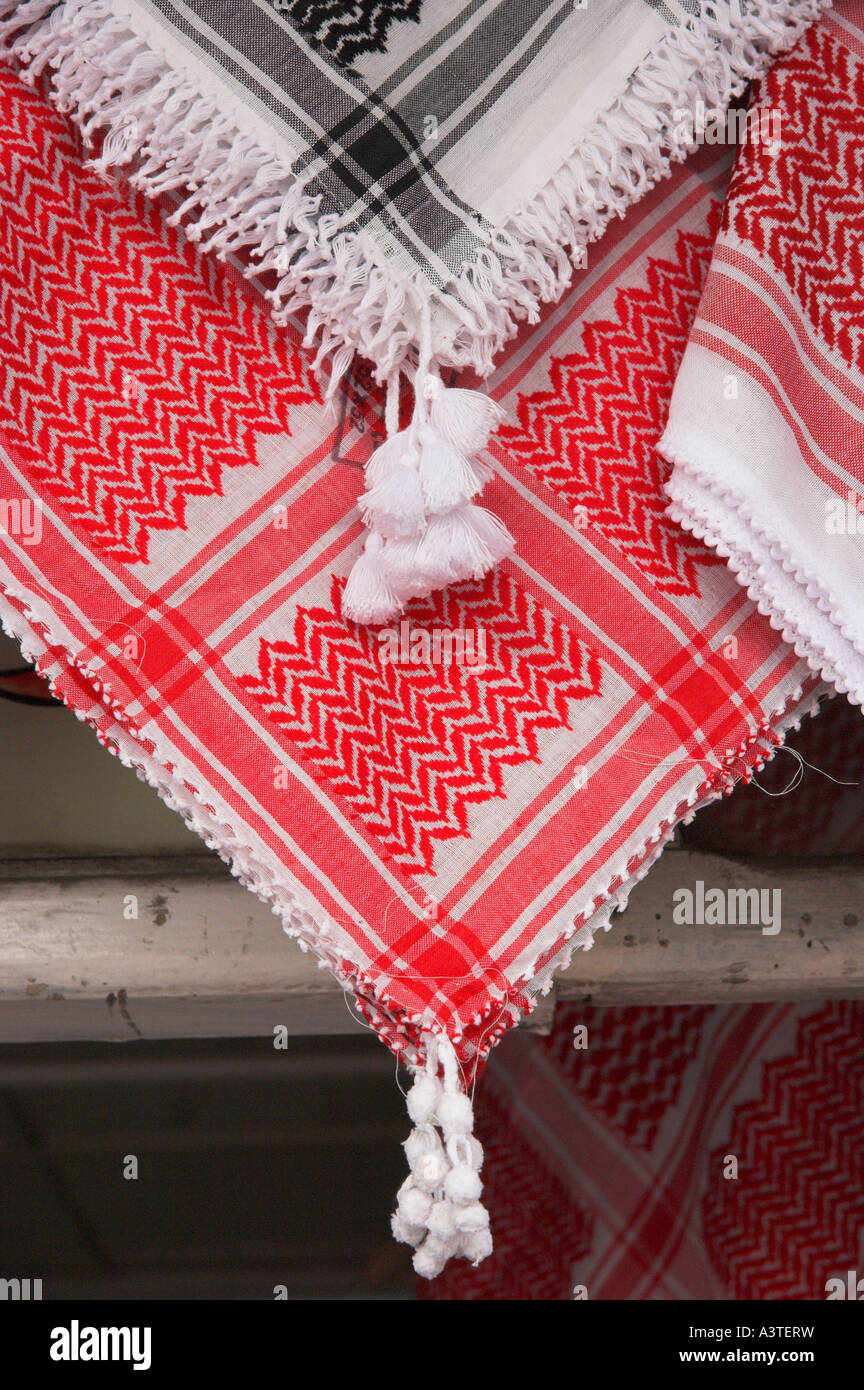 Jordan Amman Downtown close up of red keffieh for sale at a stall in ...