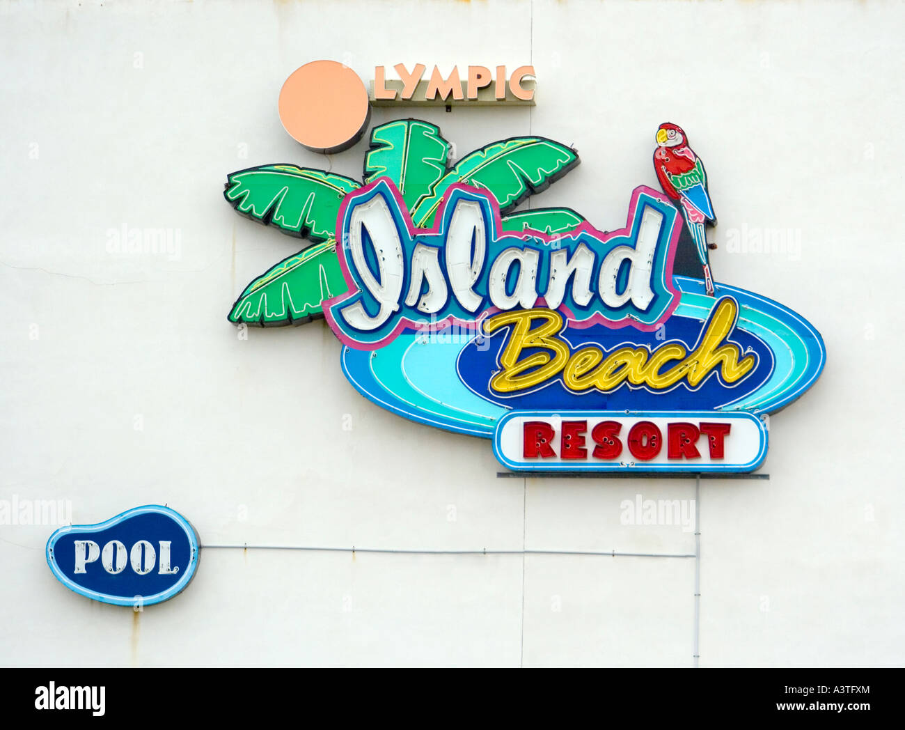 The Olympic Island Resort sign on the side of the building in Wildwood ...