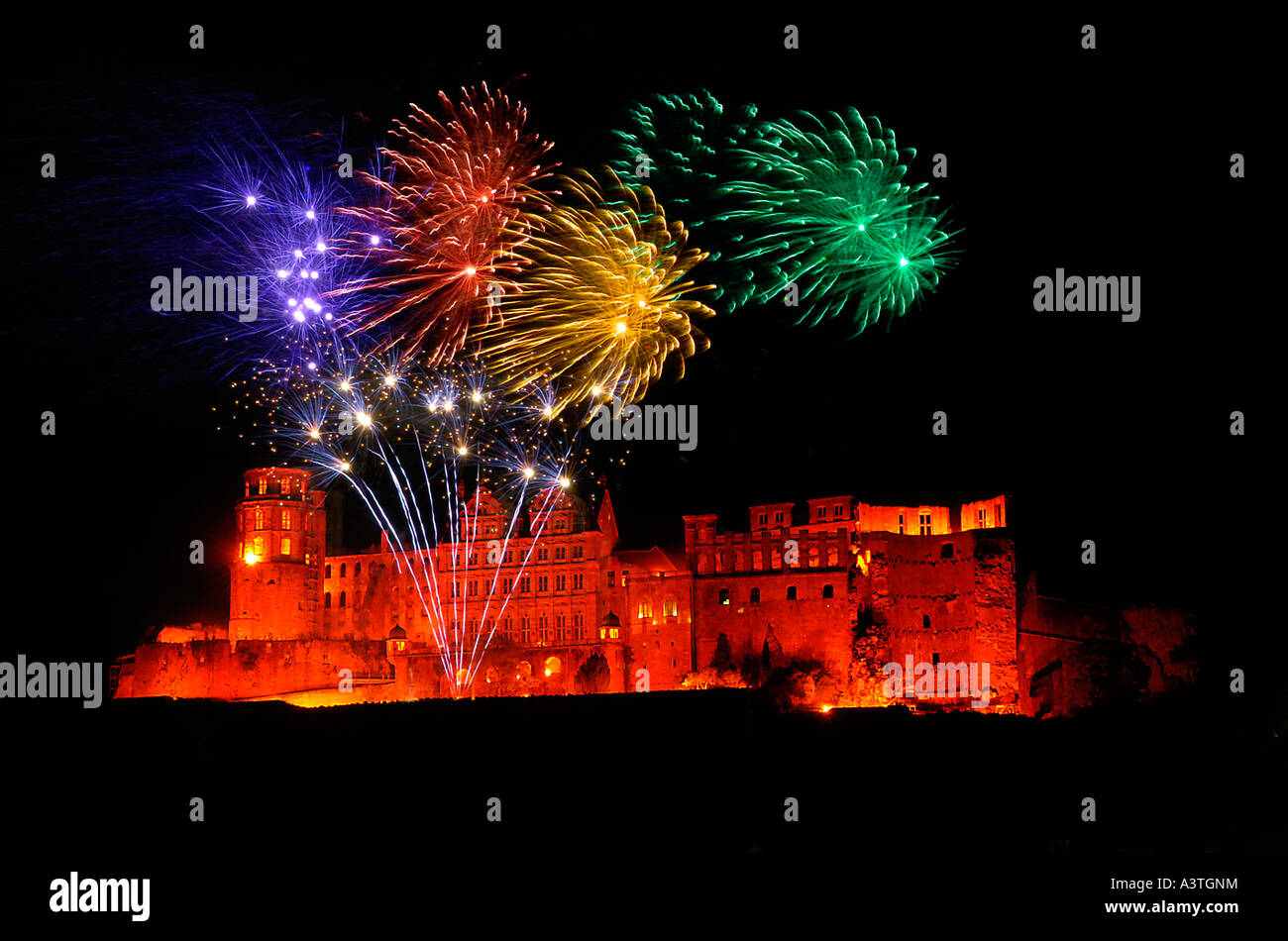 Fireworks and illumination of castle Heidelberg, Baden-Wuerttemberg ...
