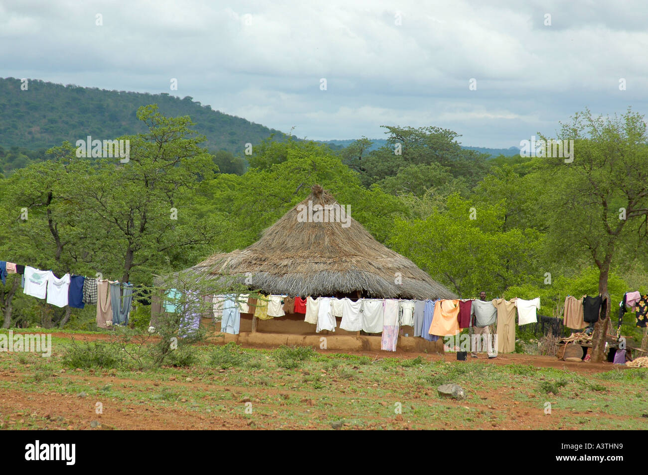 washing hanging in front of hut near Chimanimani mountains of Zimbabwe ...