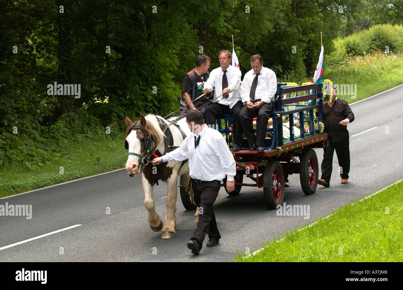 Gypsy funeral cortege using horse and cart to carry the coffin at ...