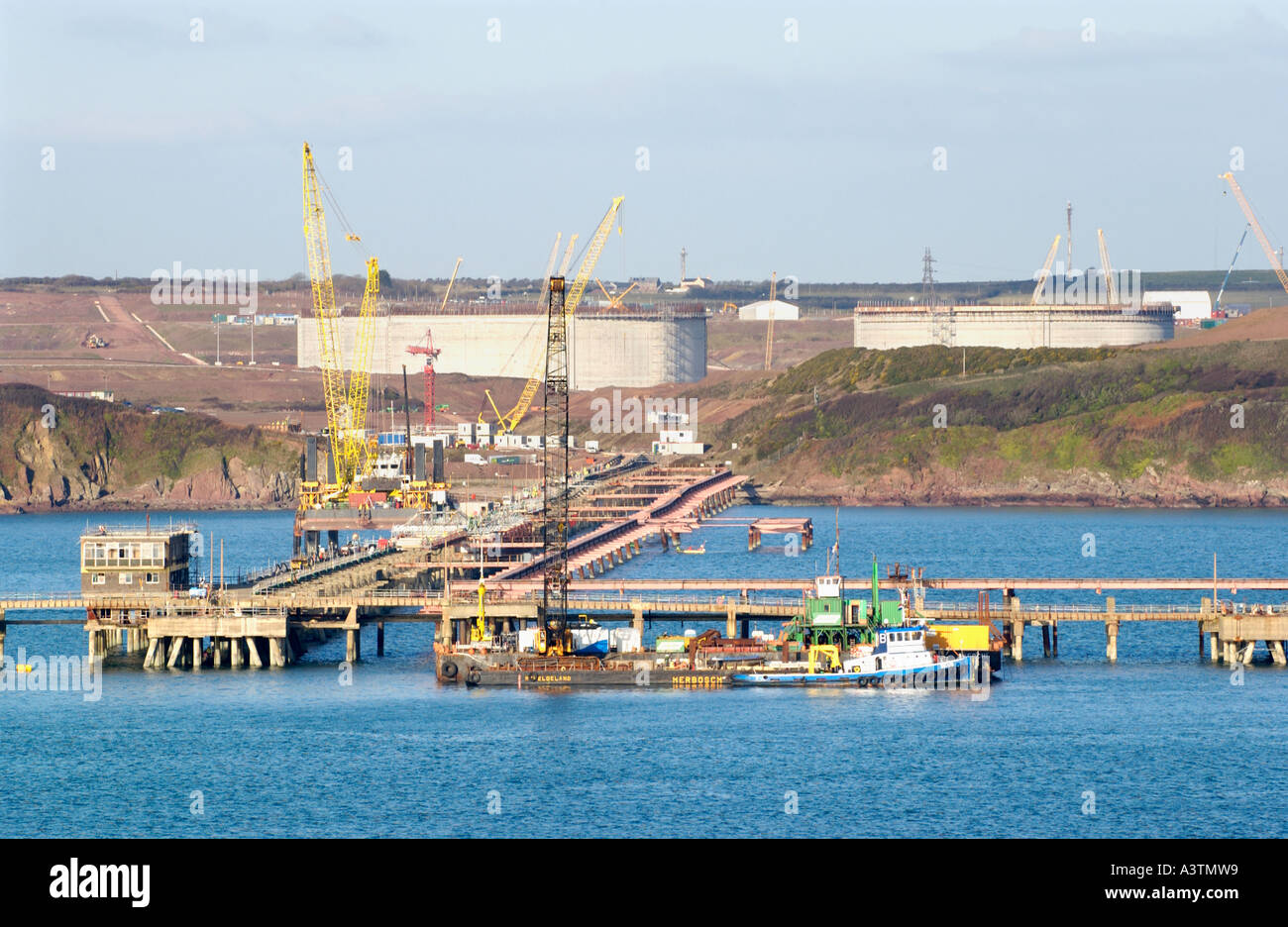 Gas storage tanks under construction at South Hook LNG terminal at ...
