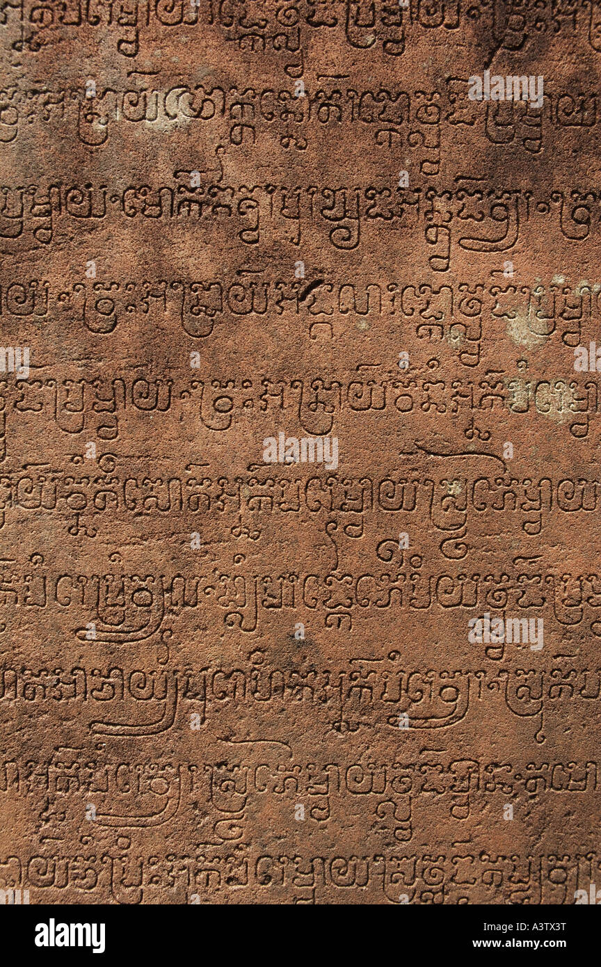 Detail of writing carved in the temple of Banteay Srei, Angkor Wat ...