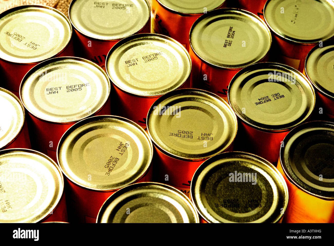 Canned food with sell by dates Tins Cans in multiples high colour Stock ...