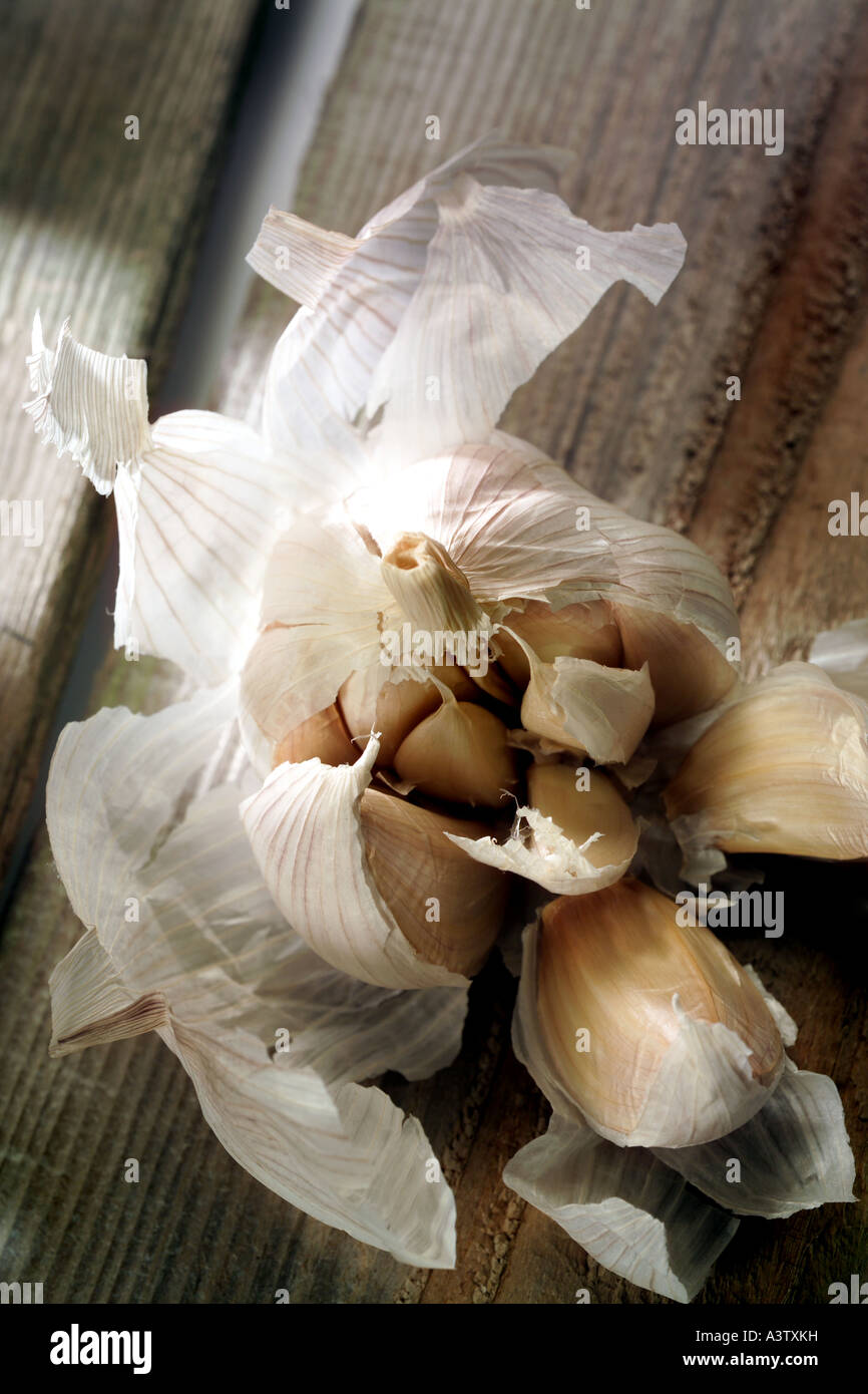 Garlic Bulb Raw Rustic Background Opening and splitting Ingredient ...