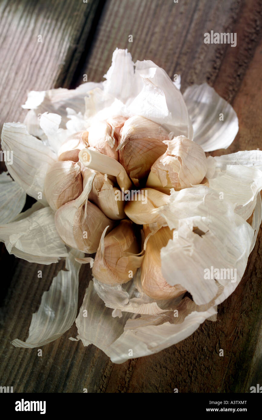 Garlic Bulb Raw Rustic Background Opening and splitting Ingredient ...