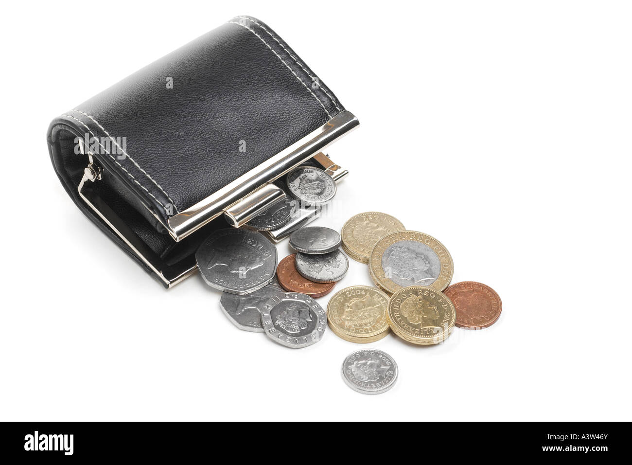 Coins spilling from purse Stock Photo - Alamy