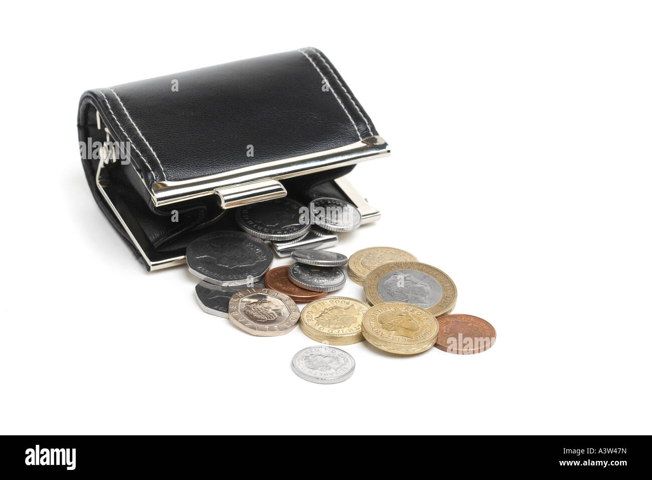 Coins spilling from purse Stock Photo - Alamy
