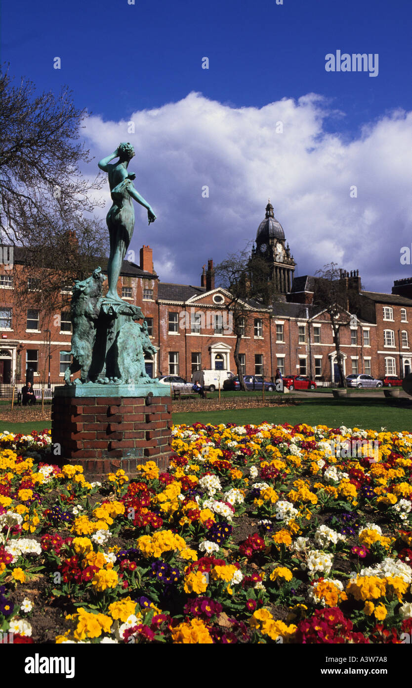 statue of circe with two fond swine in park square with leeds town hall ...