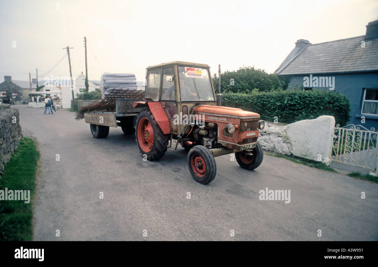 Delivery tractor on Inishmore Island in Galway bay in Ireland in town ...