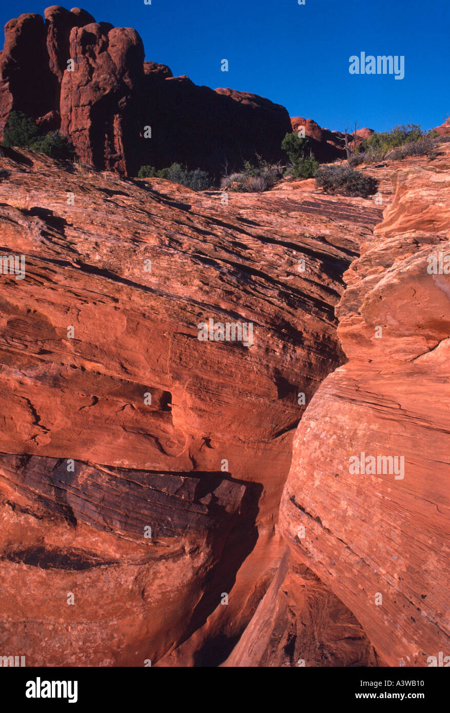 sweeping Entrada sandstone formation with desert varnish Windows area ...