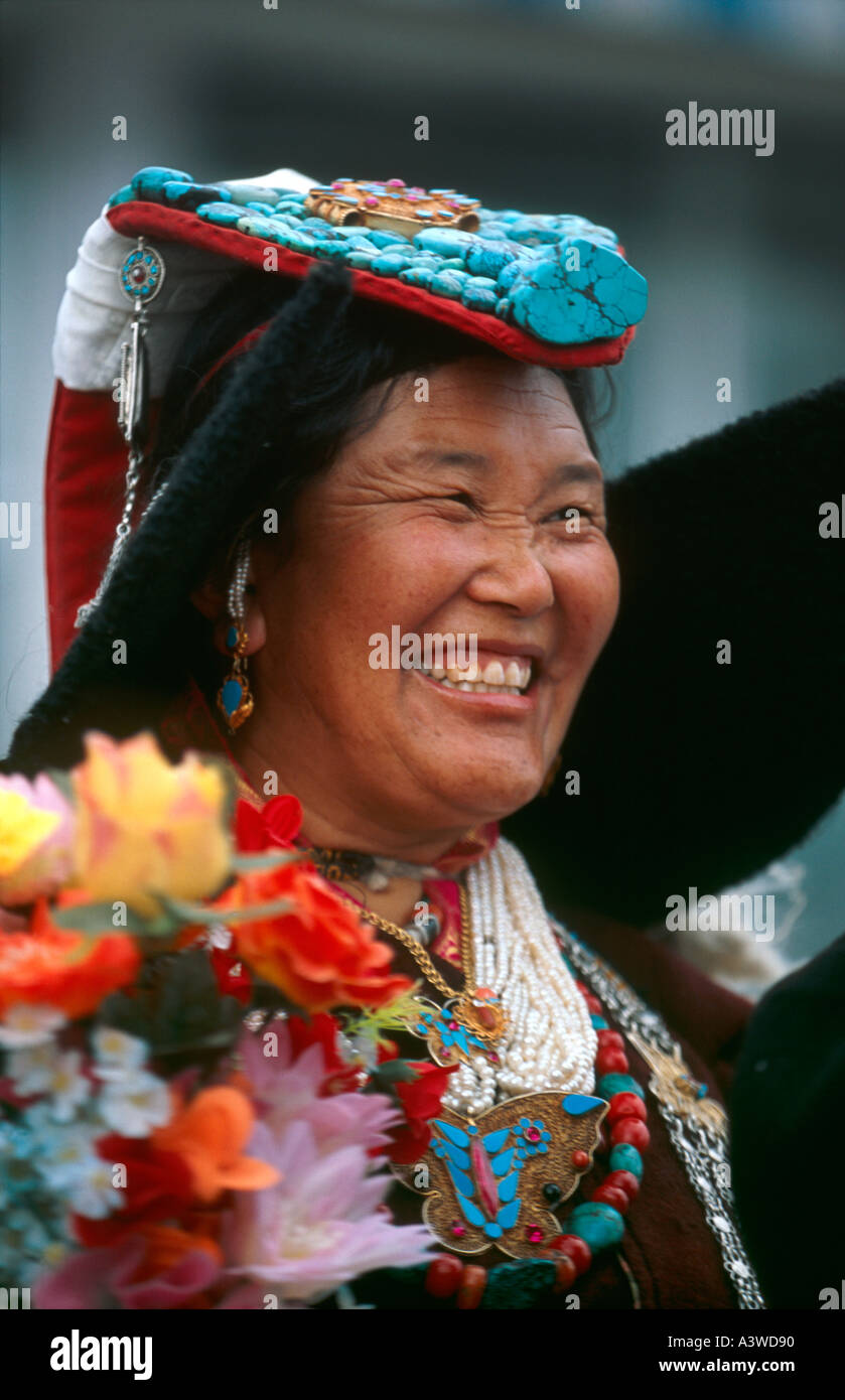 Ladakhi woman in traditional perak head dress Ladakh Festival Leh ...