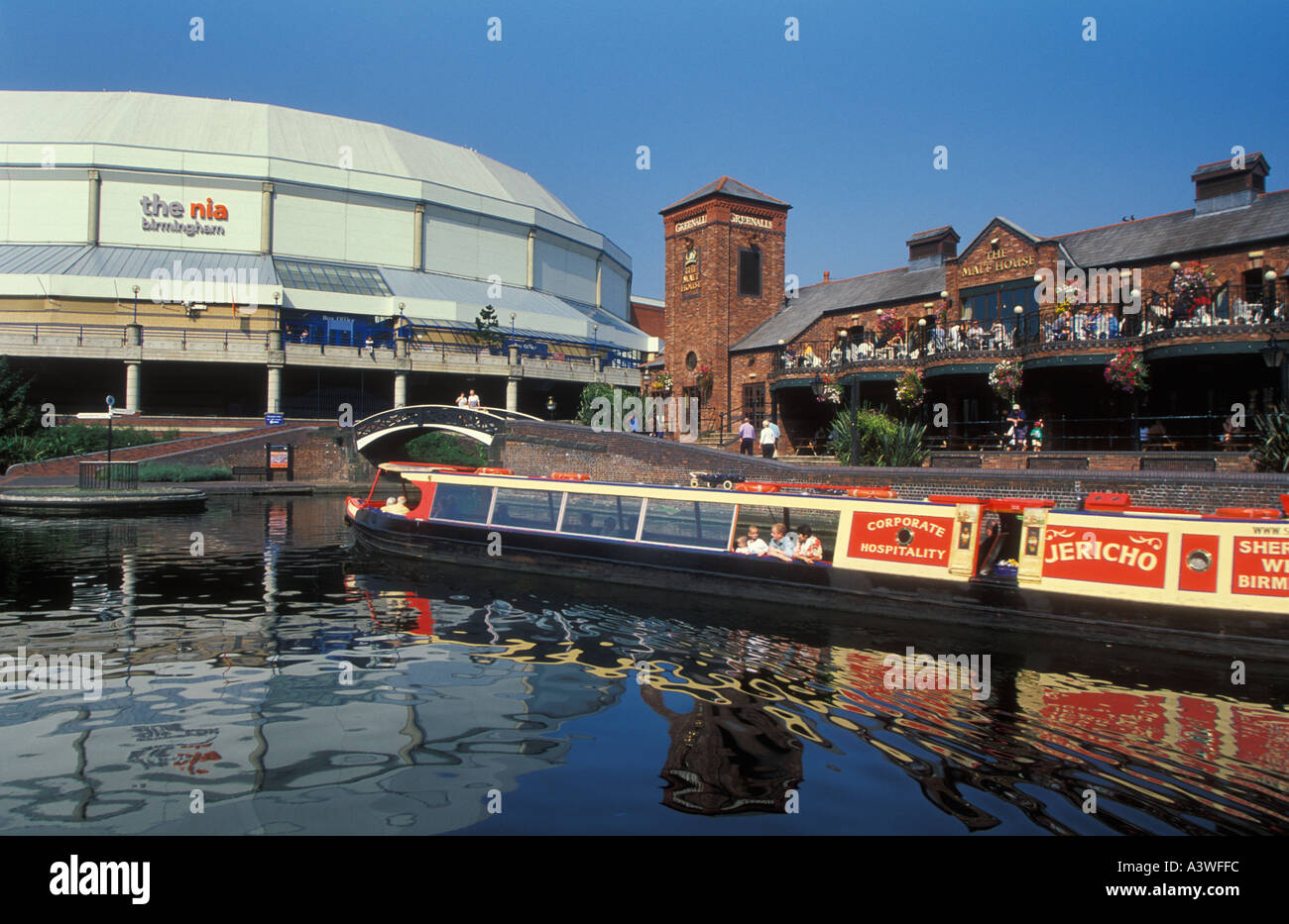 Canal narrow boat outside the National Indoor Arena NIA Birmingham West ...