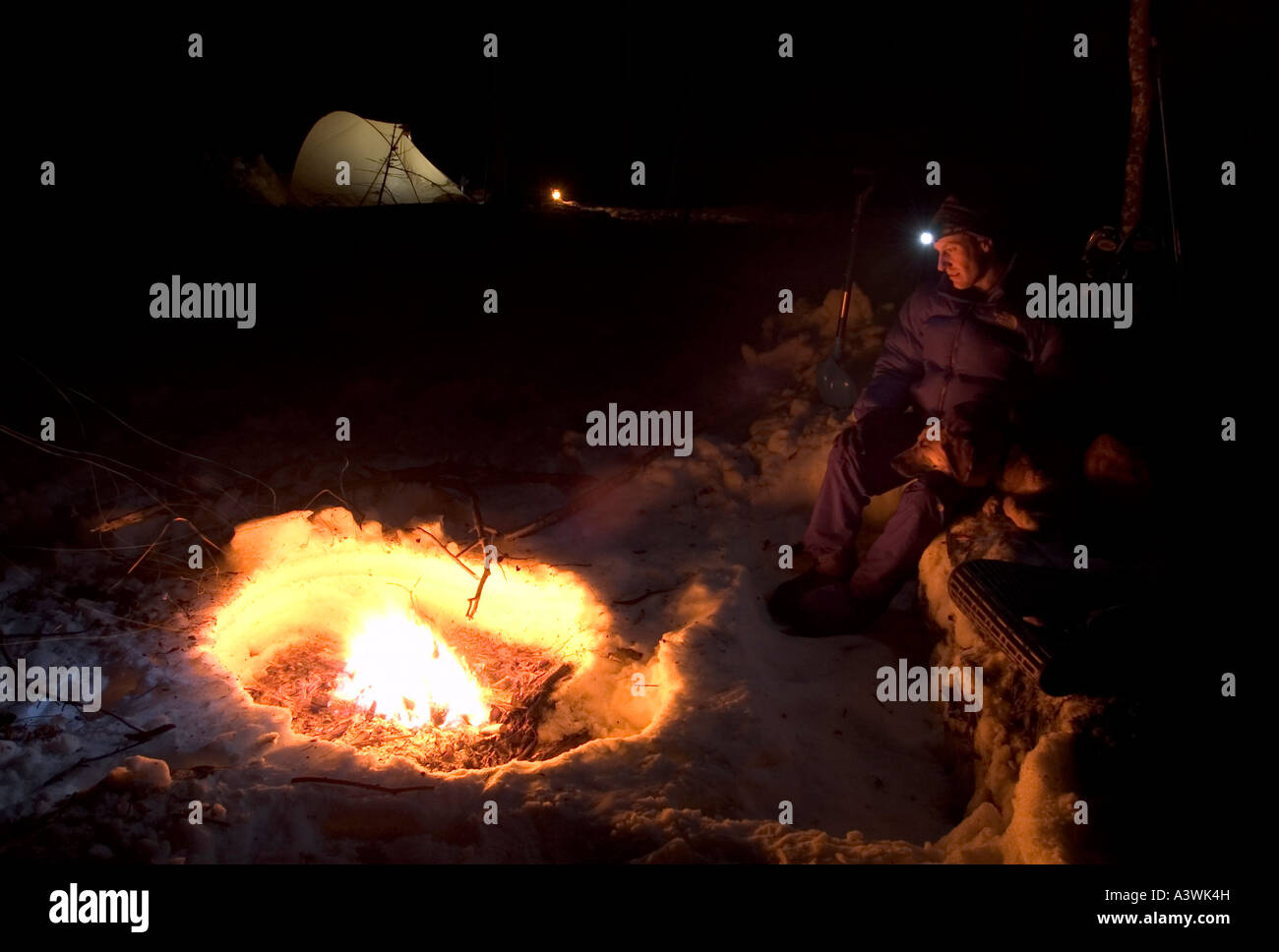 A winter camper and his dog relax around a campfire in the Porcupine ...