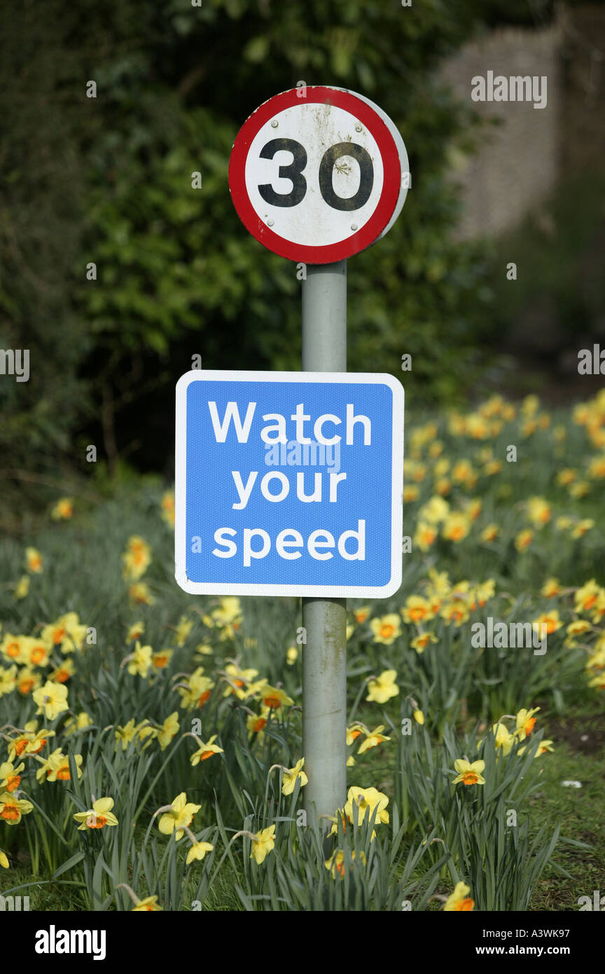 Speed restriction signs with added warnings in a Warwickshire village ...