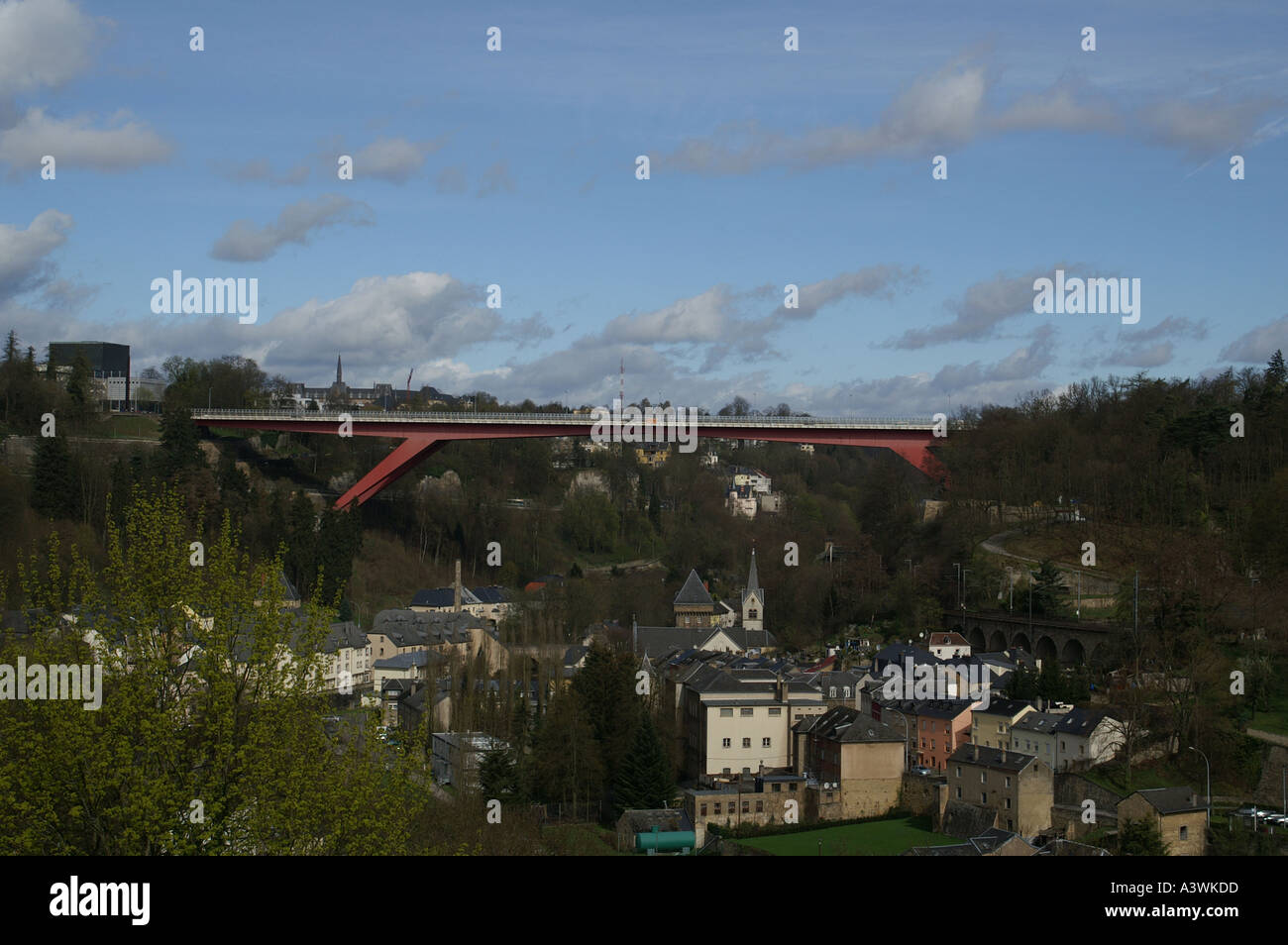 The red bridge Pont Grande Duchesse Charlotte across the gorge in ...