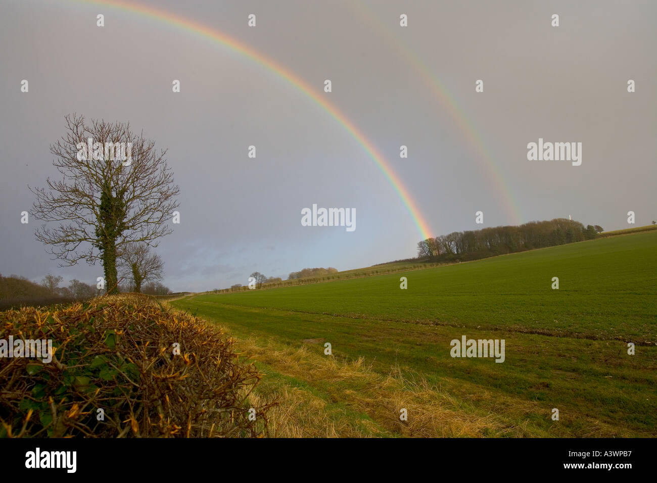 double rainbow over farmland Isle of Wight England UK Stock Photo - Alamy