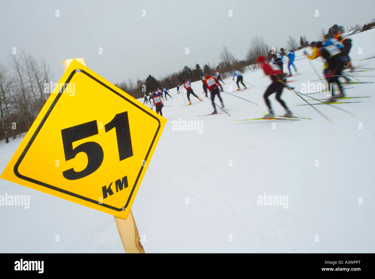 A sign tells skiers they have 51 kilometers to go at start of the 2005 ...