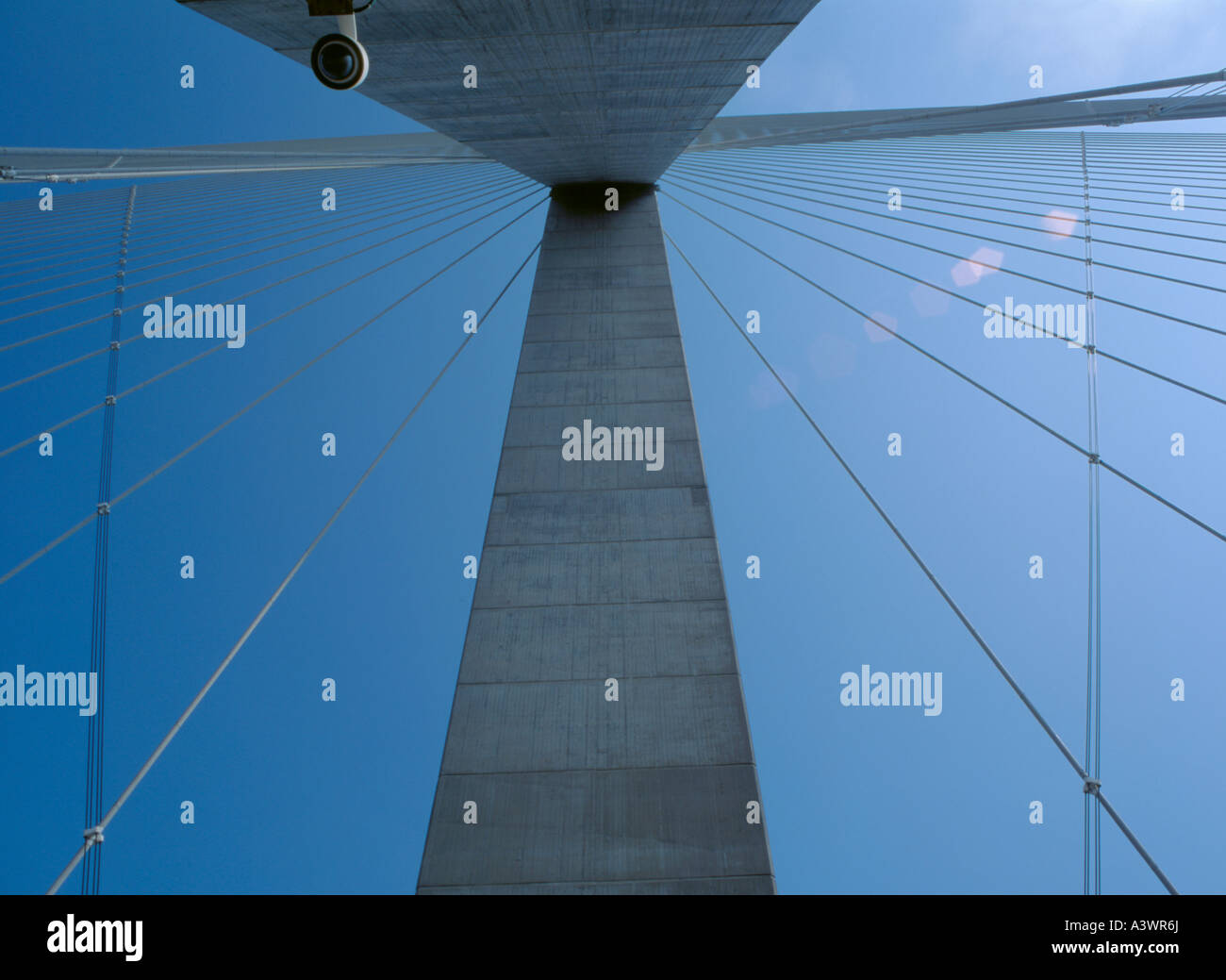 Reinforced concrete A frame tower seen from beneath from road deck ...