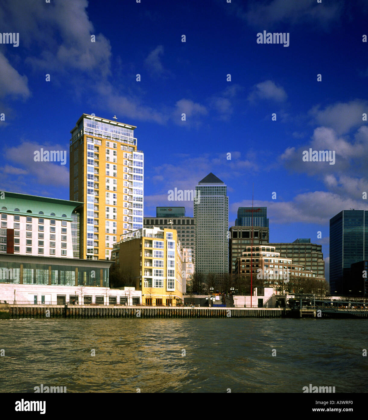 View of modern apartment buildings on the River Thames in the London ...