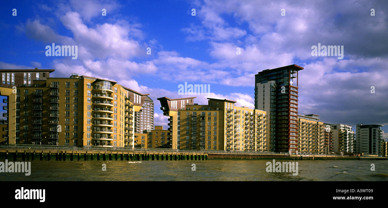 View of modern apartment buildings on the River Thames in the London ...