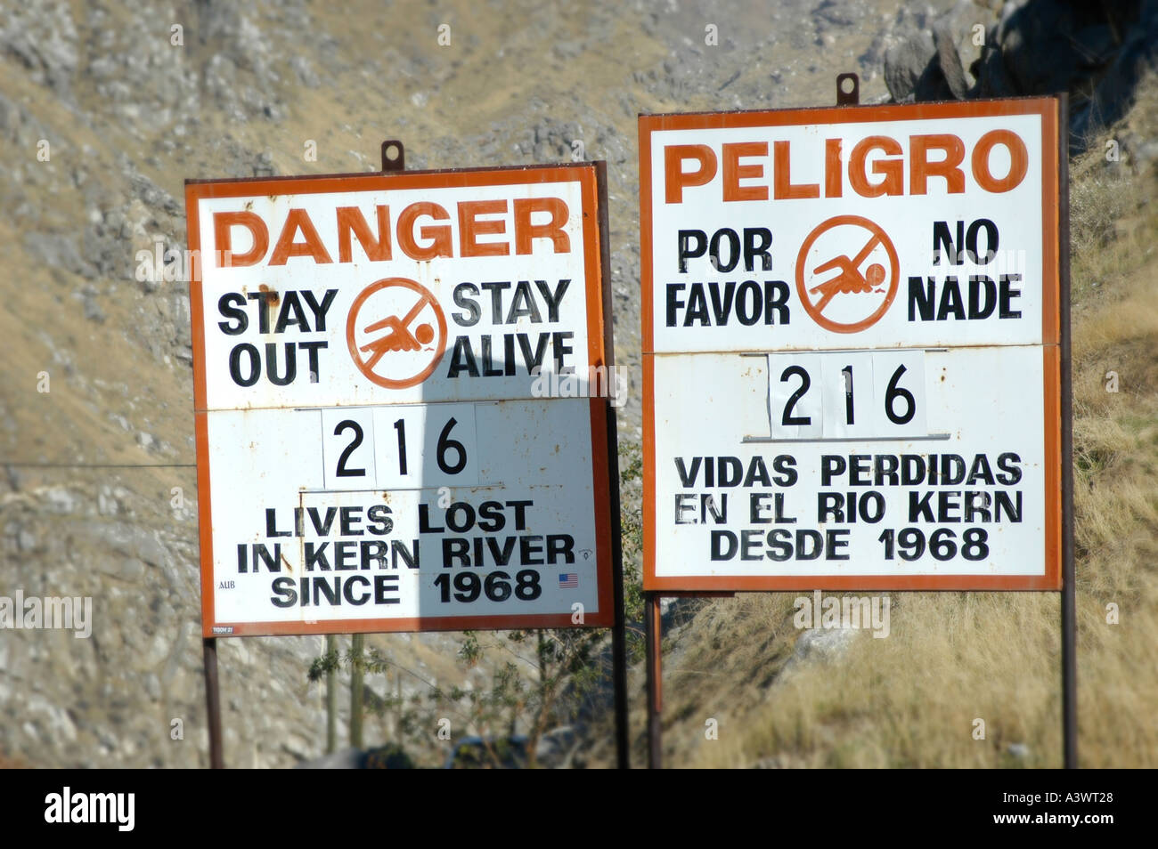 Killer Kern River sign showing death count in Spanish and English in ...