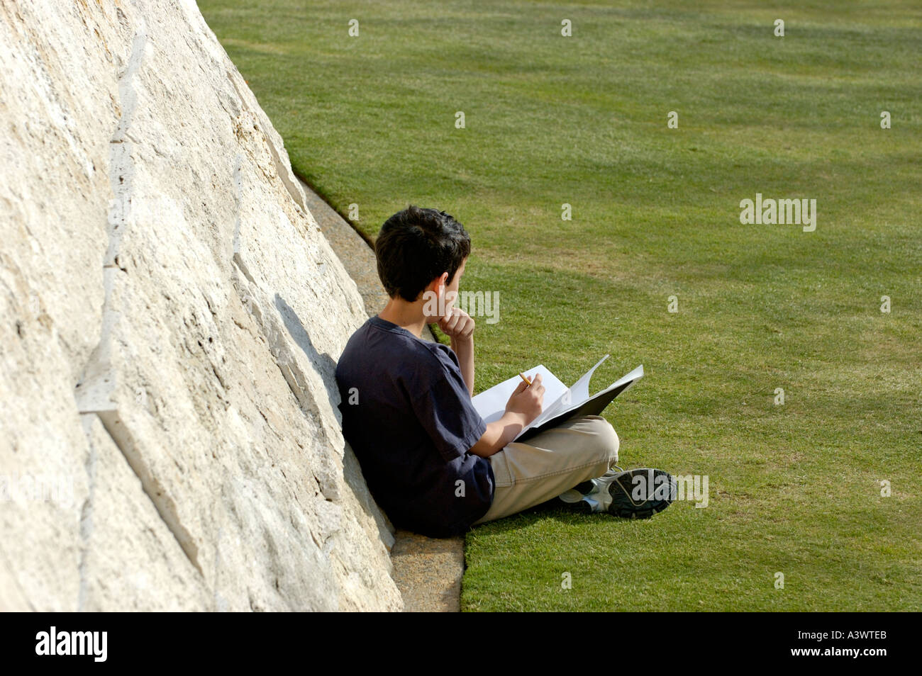 Boy in thinking position with hand holding his chin Stock Photo - Alamy