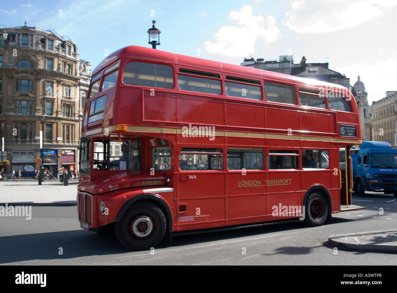 Trafalgar Square close up of red Routemaster double decker bus ...