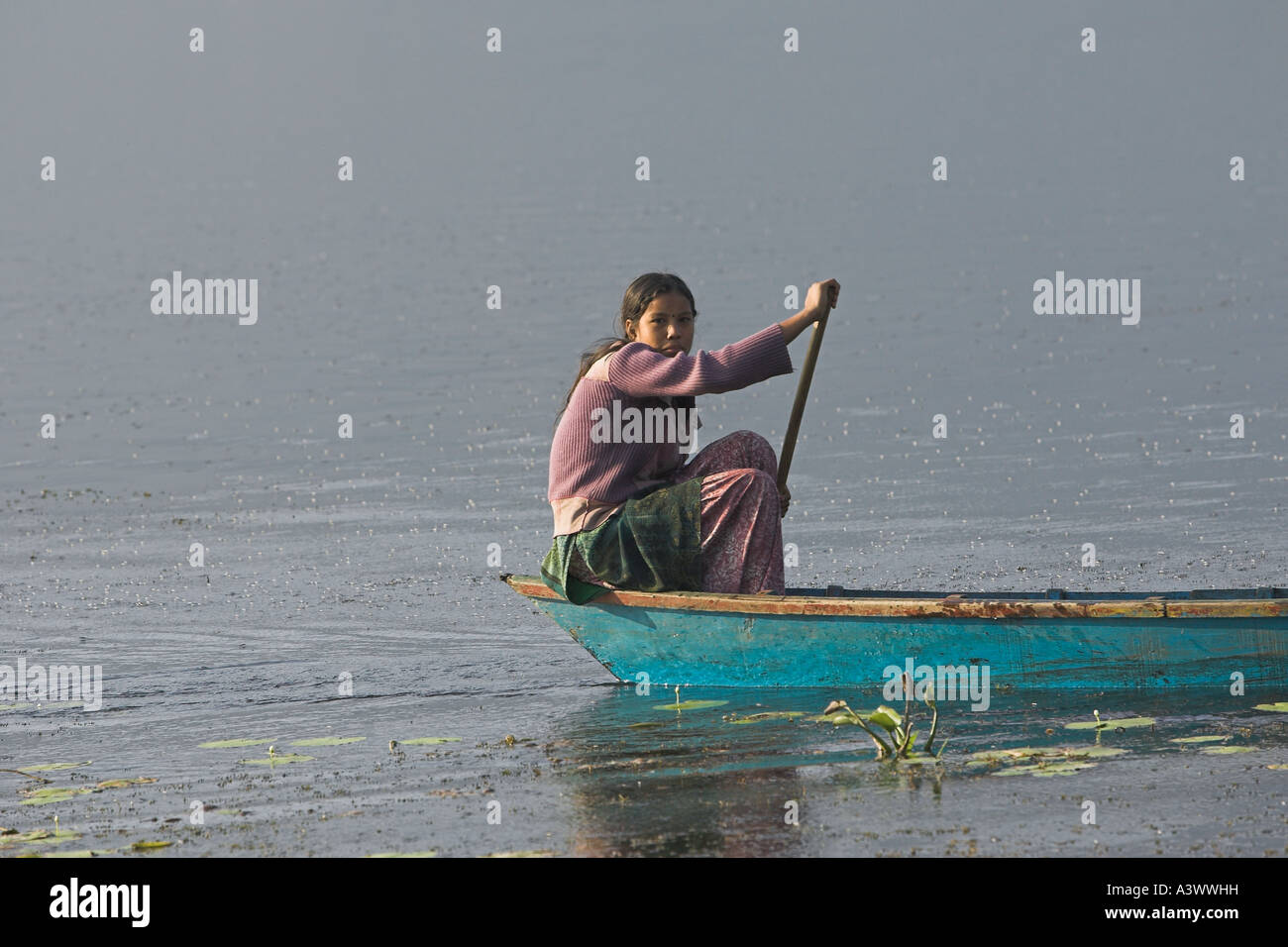 A girl rows a boat. - Nepal Stock Photo - Alamy