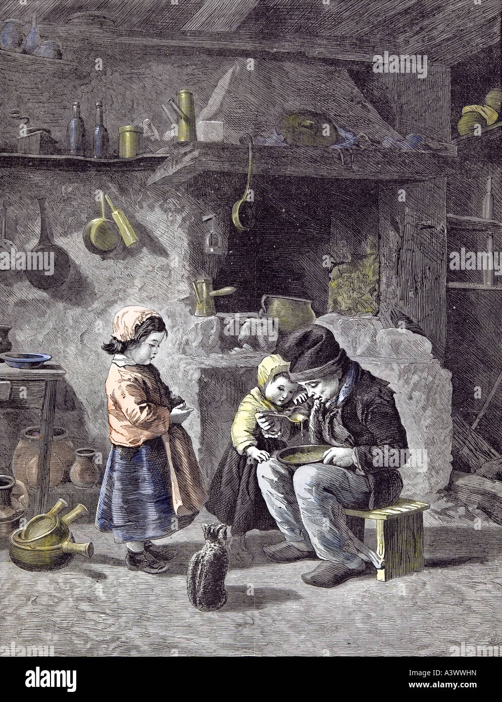 children pots pans kitchen stool soup spoon hunger hungry clogs fire ...