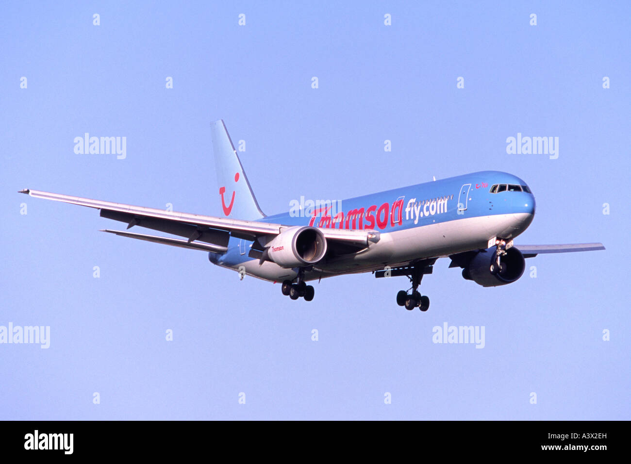 Boeing 767 operated by Thomsonfly approaching Birmingham Airport, UK ...