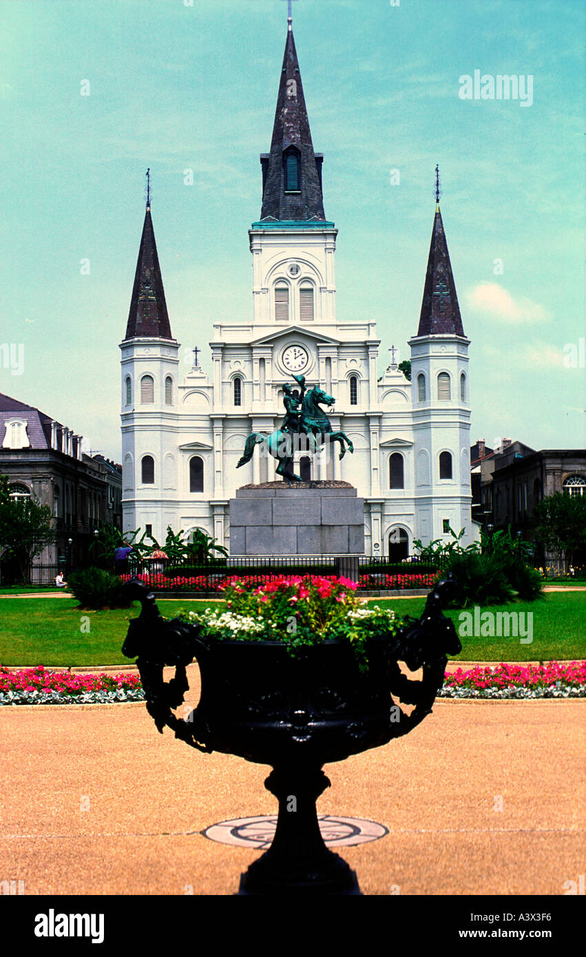 Bronze statue of Andrew Jackson and St Louis Cathedral Jackson Square ...
