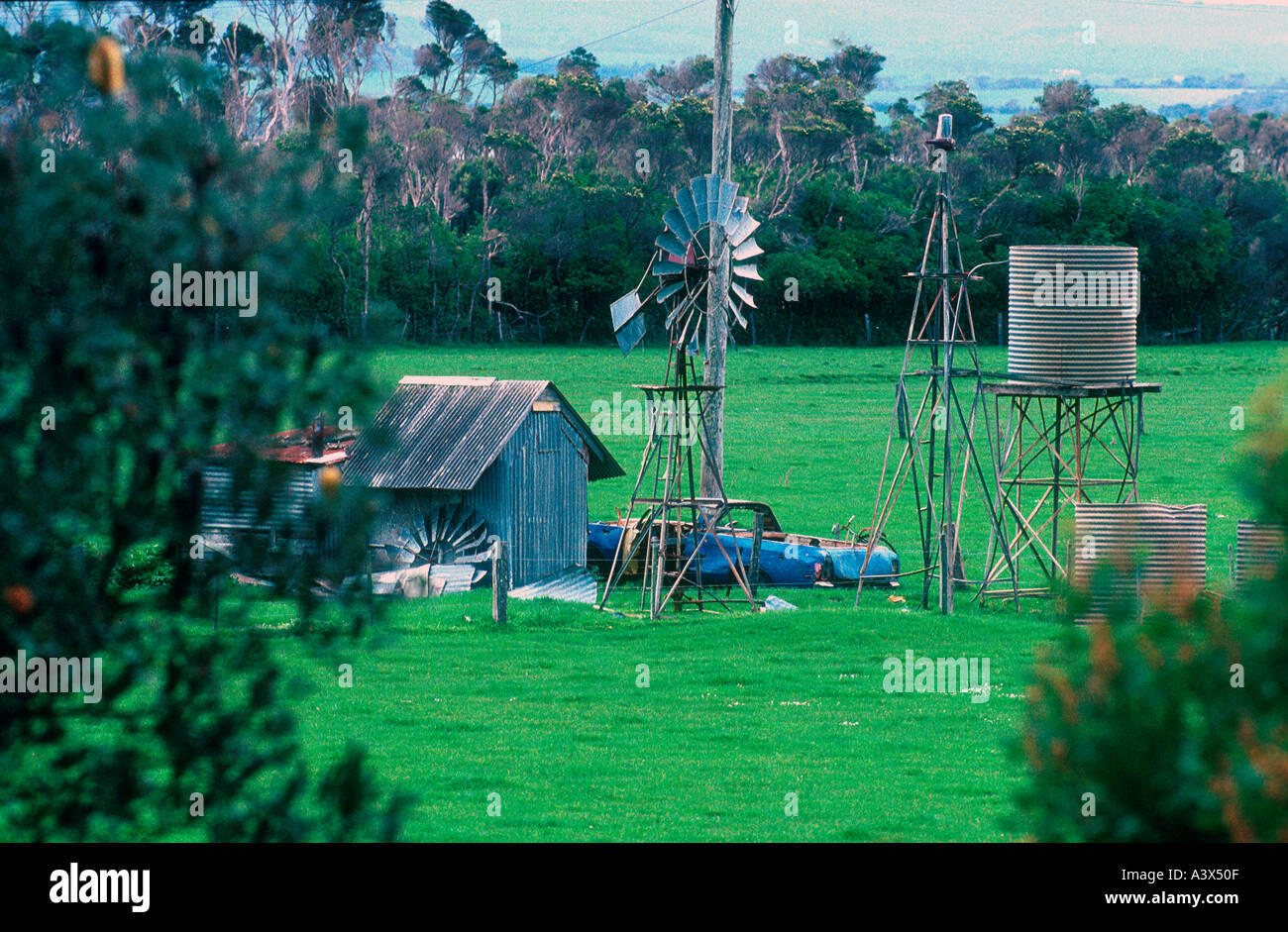 Windmill galvanized water tank shed and vehicle shell rural Victoria ...
