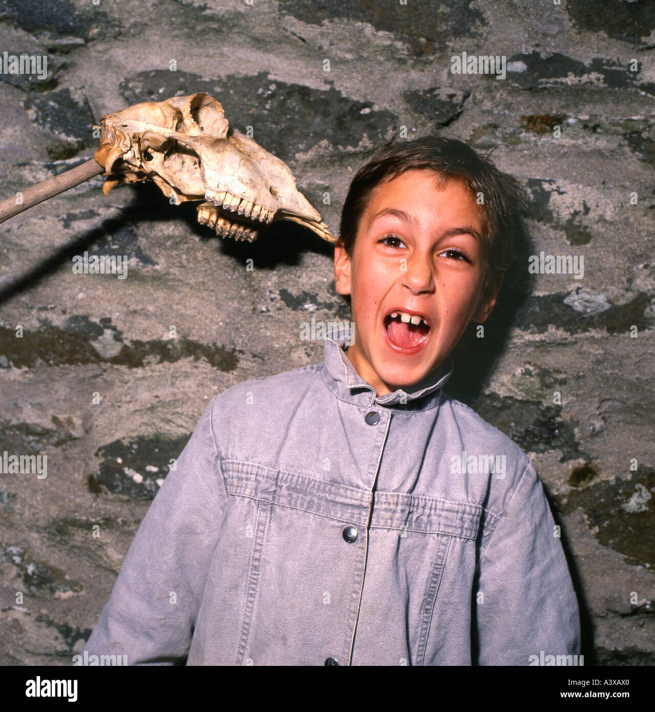 "Terrified" boy pretending to shriek with fear, fright, horror scare ...