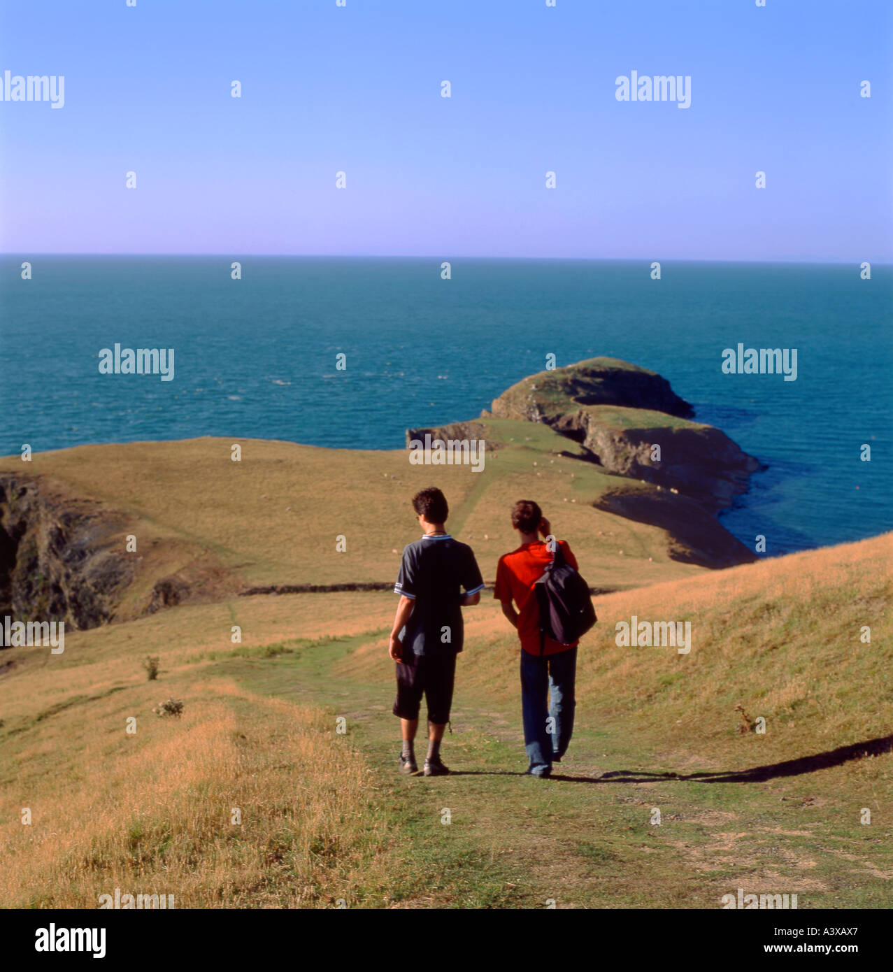 Rear back view of two young men walkers walking on the Wales Coastal ...