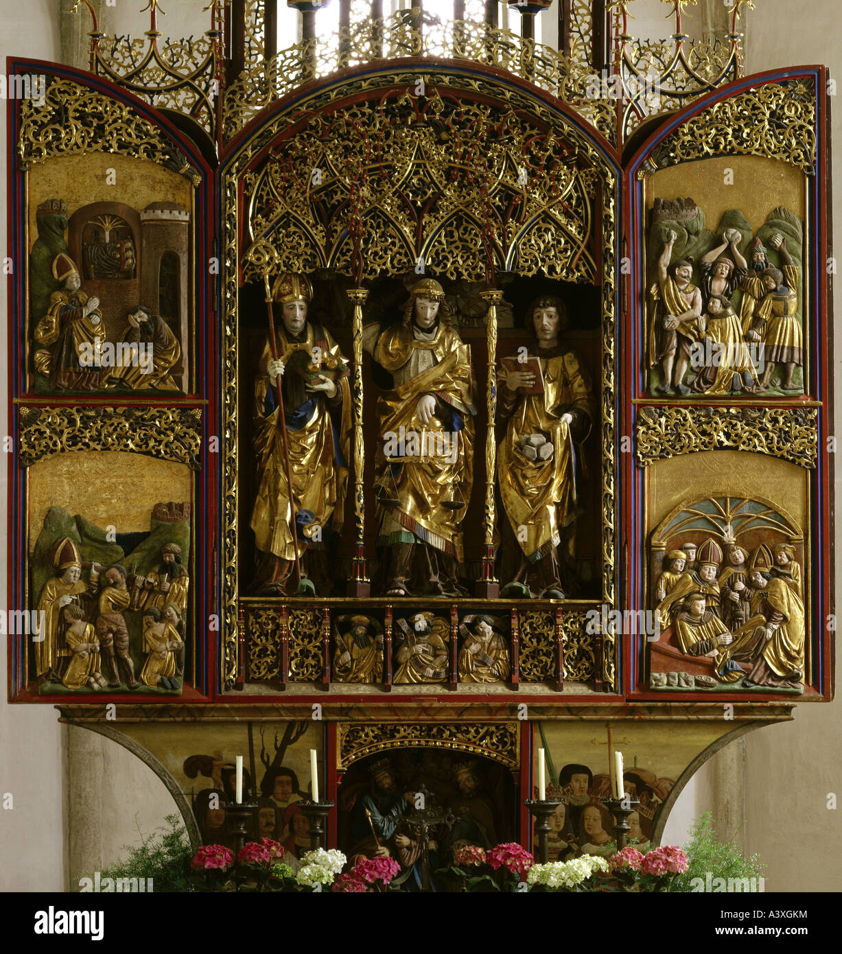 fine arts, saints, carved altar with archangel Michael and Saint ...