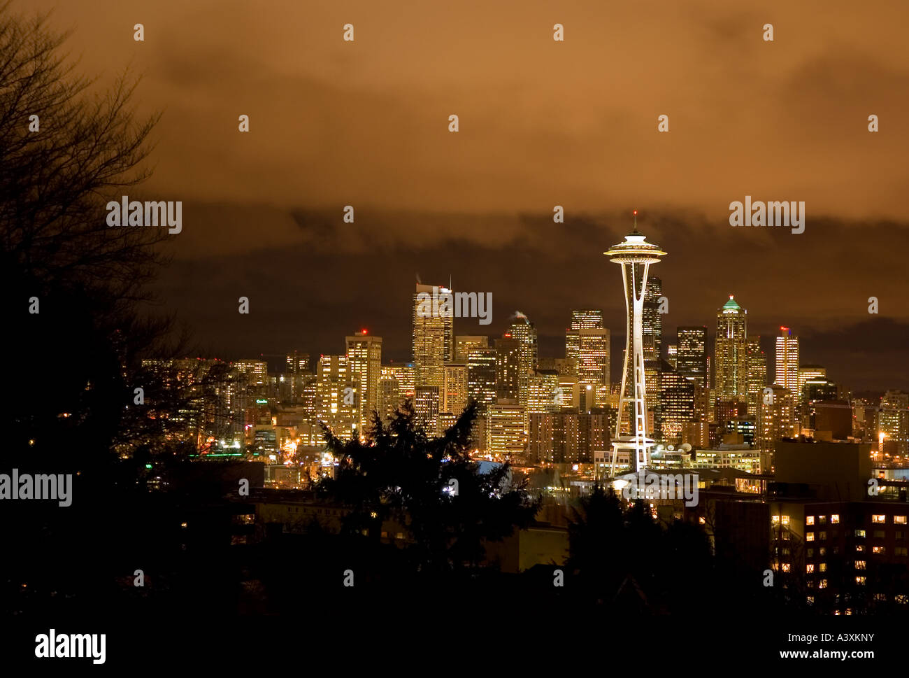 Seattle Washington and the Space Needle on a winter evening Stock Photo ...