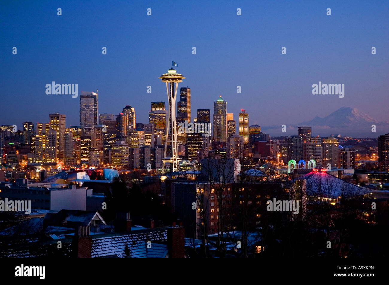 Seattle, Washington, the Space Needle, and Mount Rainier, on a winter ...