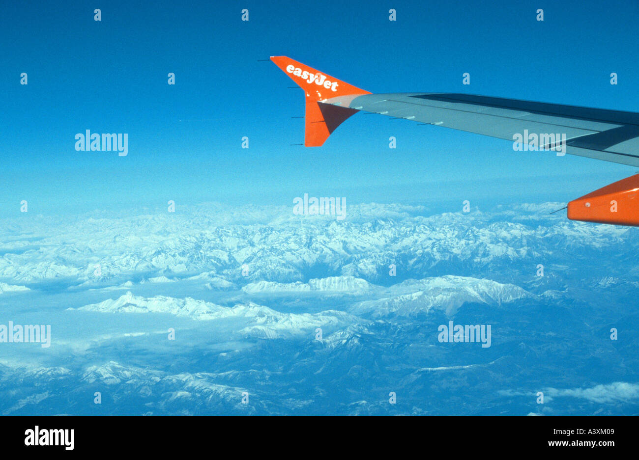 winglet wingtip wing airplane Easyjet flying over Alps Europe Stock ...