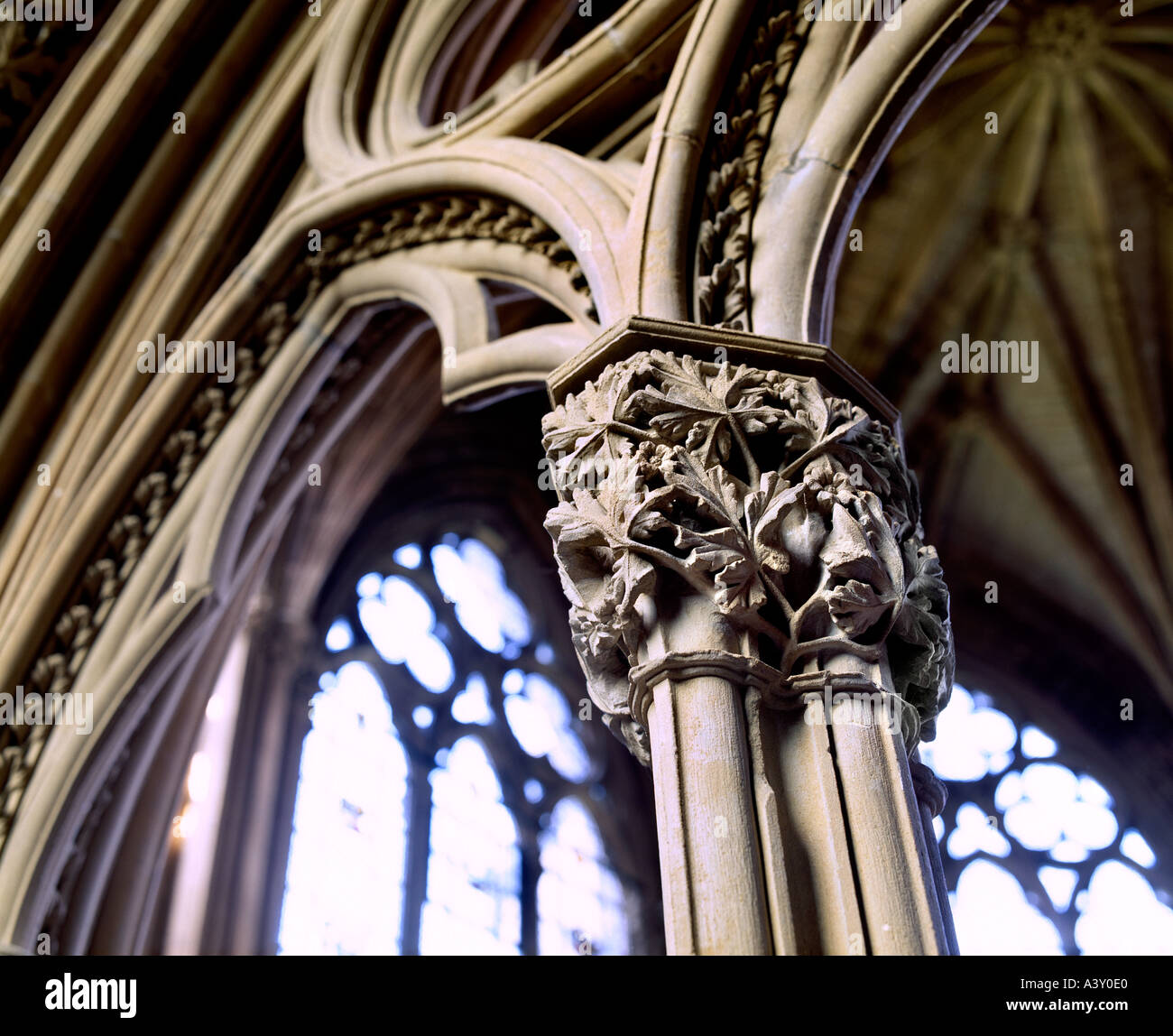 Elaborately carved stonework on the capitals on the columns inside ...