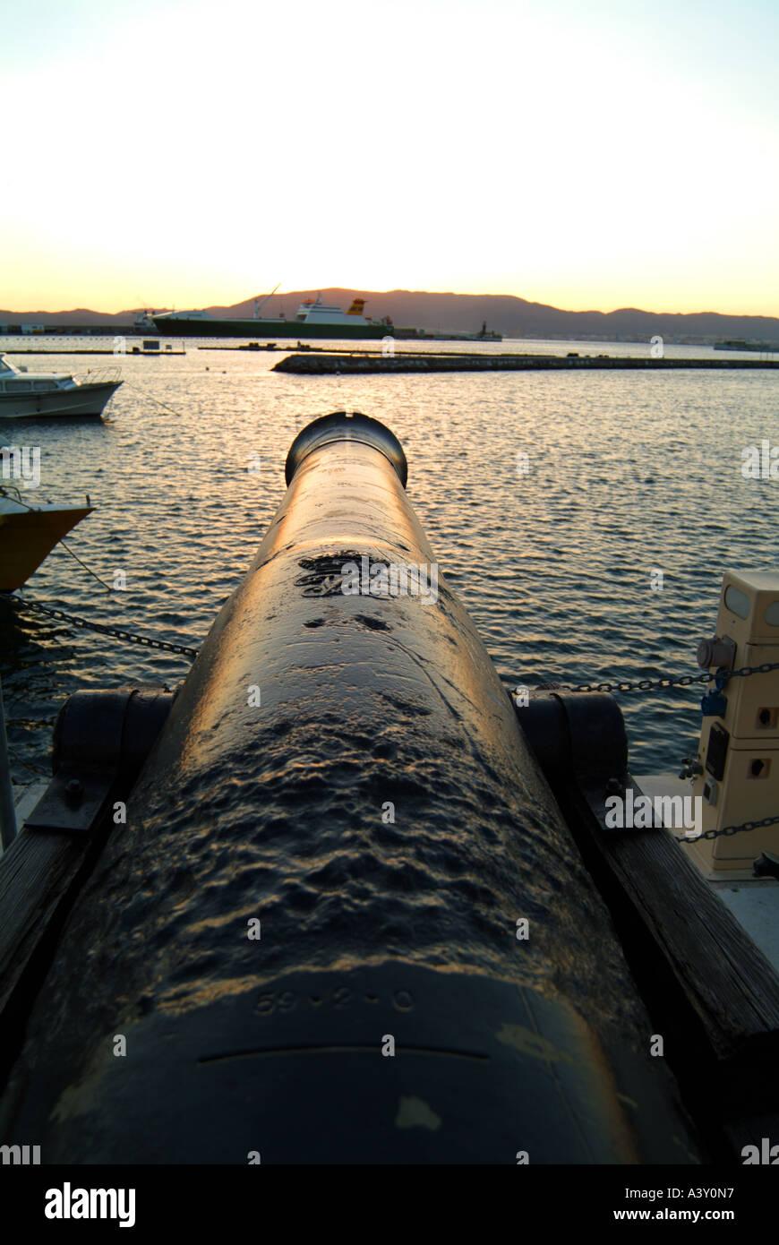 gun canon cannon large old vintage sea harbour quayside weapon ...